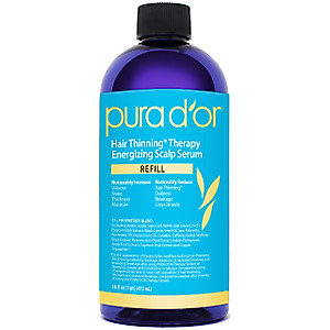 PURA D'OR 16 Oz Hair Thinning Therapy Energizing Scalp Serum Revitalizer - Large Refill Bottle - Argan Oil, Biotin, Caffeine, Stem Cell, Catalase & DHT Blockers, All Hair Types, Men & Women