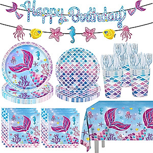SJJPDYY 170Pcs Mermaid Birthday Party Decorations Set Mermaid Party Supplies Includes Plates, Napkin, Fork, Cup, Tablecloth, Banner for Baby Shower Ocean Birthday Party Decorations, Serves 24