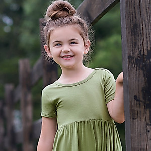 Gerber Baby Girls Toddler Buttery Soft Short Sleeve Twirl Dress with Viscose Made from Eucalyptus, Olive, 3T