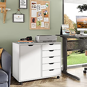DEVAISE 5-Drawer Wood Dresser Chest with Door, Mobile Storage Cabinet, Printer Stand for Home Office