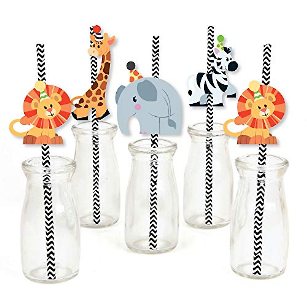 Jungle Party Animals - Paper Straw Decor - Safari Zoo Animal Birthday Party or Baby Shower Striped Decorative Straws - Set of 24