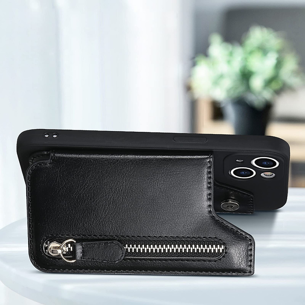 TopFunny Stick on Wallet for Phone Case, Credit Adhesive Card Holder for Back of Phone Cases Flip Leather Zipper Wallet Sleeve Pouch Compatible with iPhone, Samsung Galaxy Most Smartphones Black