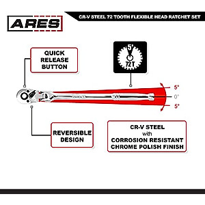 ARES 42028-3-Piece 72-Tooth Flex Head Ratchet Set - Premium Chrome Vanadium Steel Construction & Chrome Plated Finish - 72-Tooth Quick Release Reversible Design with 5 Degree Swing