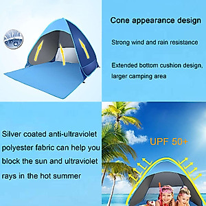 Beach Tent Camping Tent with Tent Stakes, Pop Up Tent for 1-3 Person, Sun Shelters Portable Tent with UPF 50+UV Protection Rating for Family Camping Fishing Picnic