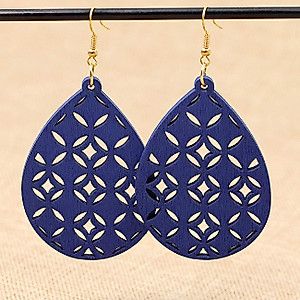 Wovanoo Wooden Cut-out Drop Earrings 2 Pairs Natural Wood Dangle Teardrop Jewelry Gifts Blue Oval