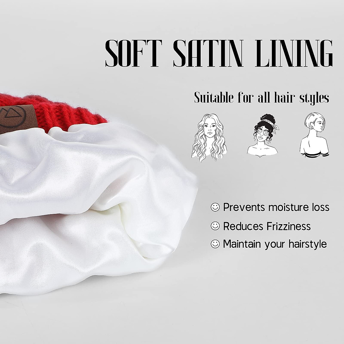 American Trends Satin Lined Beanie Hats Winter Hats for Women Cable Warm Knit Skull Cap Thick Slouchy Beanie Black&Light Grey&White&Pink