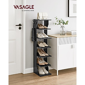 VASAGLE 7 Tier Vertical Shoe Rack, Narrow Shoe Storage Organizer with Hooks, Slim Wooden Corner Shoe Tower Rack, Robust and Durable, Space Saving for Entryway and Bedroom, Black ULBS200T16
