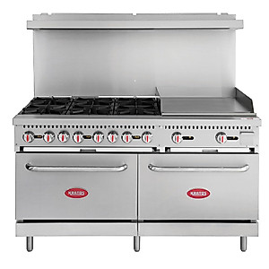 Kratos 60" Wide Commercial Gas Range with 6 Burners, 24" Wide Griddle, and Two Full Size Standard Ovens, Stainless Steel Range for Restaurants, 280,000 Total BTU Output, Natural Gas (29Y-046-NAT)