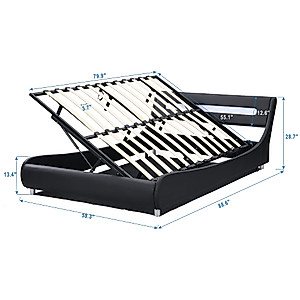 RUNWON Full Size Modern LED Upholstered Platform Bed Frame with Headboard Like Low Profile and Underneath Storage Space for Kids Adults,Easy Assembly