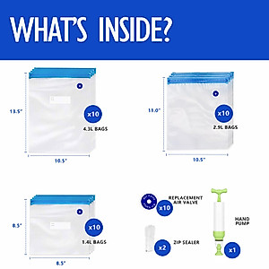 VICARKO Reusable Sous Vide Bags 3 Sizes - 30 Pack with Hand Pump, Sealing Clips for Sous Vide Cooking and Food Storage