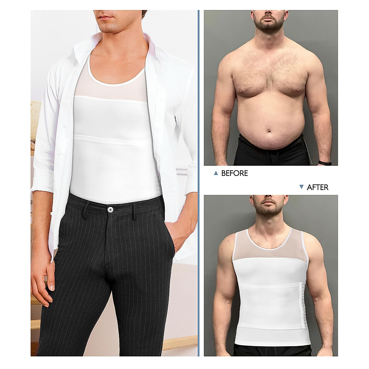 Men Body Shaper Slimming Vest Tight Tank Top Compression Shirt Tummy Control Underwear Moobs Binder (White, L)