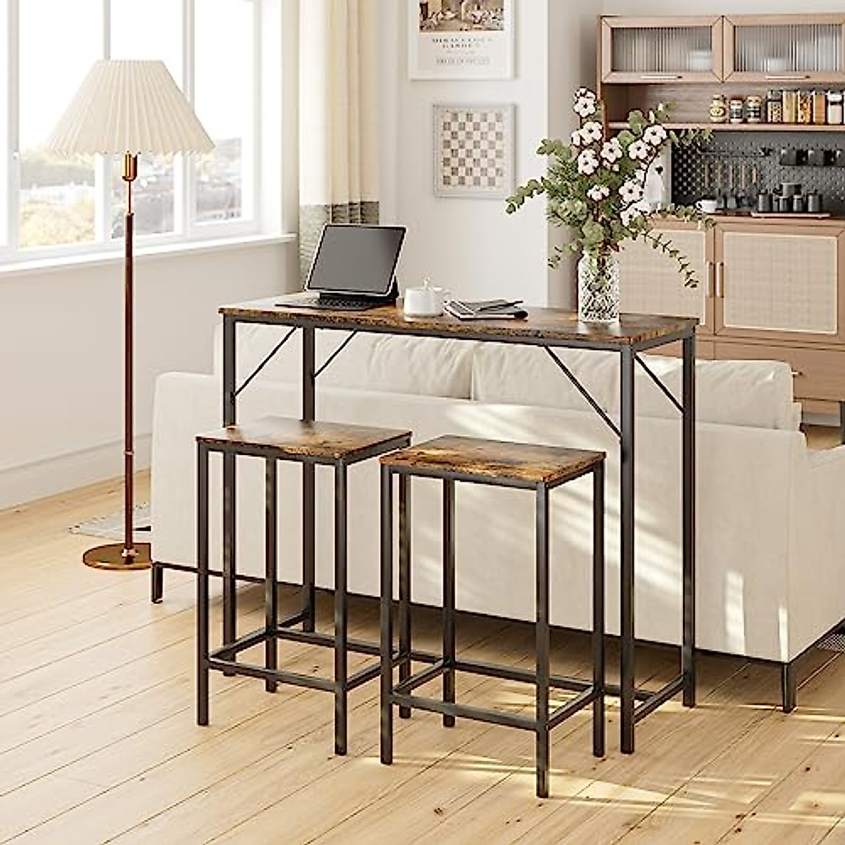AEPOALUA Dining Table Set, 47.2” Rectangular Bar Table and Chairs Set, 3 Piece Kitchen Breakfast Table with 2 Stools, Pub Table and Chairs Set of 2 for Dining Room, Living Room, Rustic Brown/Black