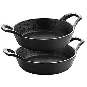 Bruntmor Mini Cast Iron Sizzler Plates Skillet Set Of 4. Round Fajita Plate With Wooden Base/Pan Tray Serving Sizzling Dish And Fajitas, Hot Steak Skillet Dish Without Sinking (2 Sets)