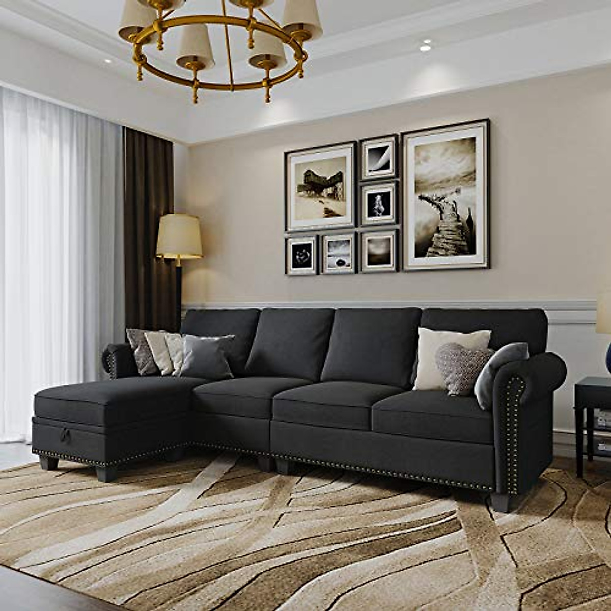 Nolany Convertible Sectional Couch L Shaped Sofa Couch with Storage Reversible Sectional Sofa for Small Space, Dark Grey