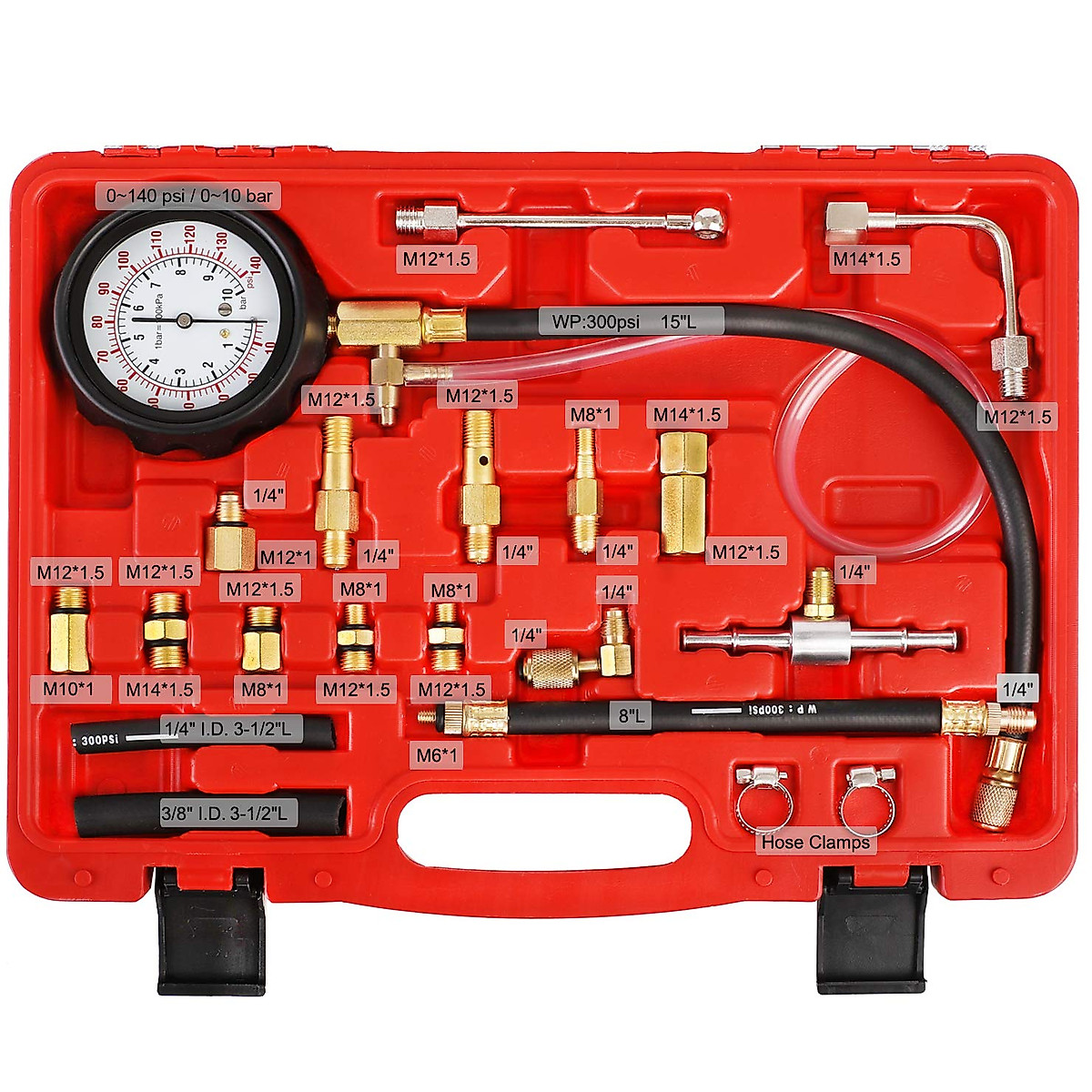 YSTOOL Fuel Pressure Tester Gauge Kit 140PSI Automotive Engine Injector Pump Test Gasoline Gas Injection Manometer Tool Set with Inline Fitting Schrader Adapter for Auto Car Motorcycle (Red Case)