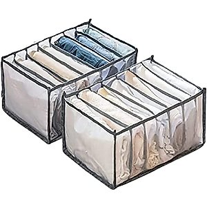 2PCS Clothes Organizer（7 Grids）Drawer Dividers for Clothes - Foldable Grid Storage Box with Multiple Layers, Portable Washable Storage Containers for Scarves, Leggings, T-shirts, Jeans (Jeans and Trousers with 7Grids, Gray)