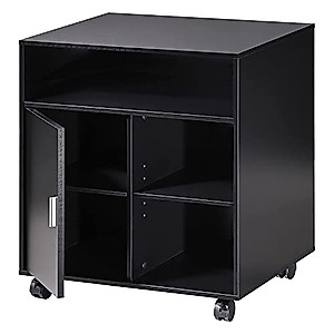 FITUEYES Printer Stand with Storage Adjustable Shelves, Wood Mobile Cart with Door, Rolling File Cabinet on Wheels for Home Office, Black, PS406001WB