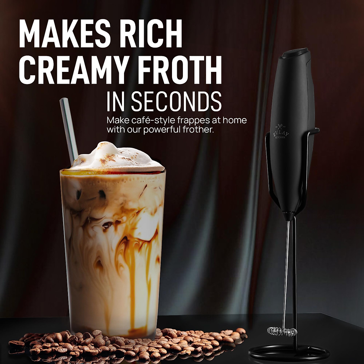 Zulay Executive Series Ultra Premium Gift Milk Frother For Coffee With Improved Stand - Coffee Frother Handheld Foam Maker For Lattes - Electric Milk Frother Handheld For Cappuccino, Frappe, Matcha