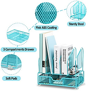 Beiz Blue Desk Organizer and Accessories Storage with 5 Vertical File Folder Holders, Paper Tray, Drawer for Women Office, Home, Dorm, Workspace to Collect Office Supplies