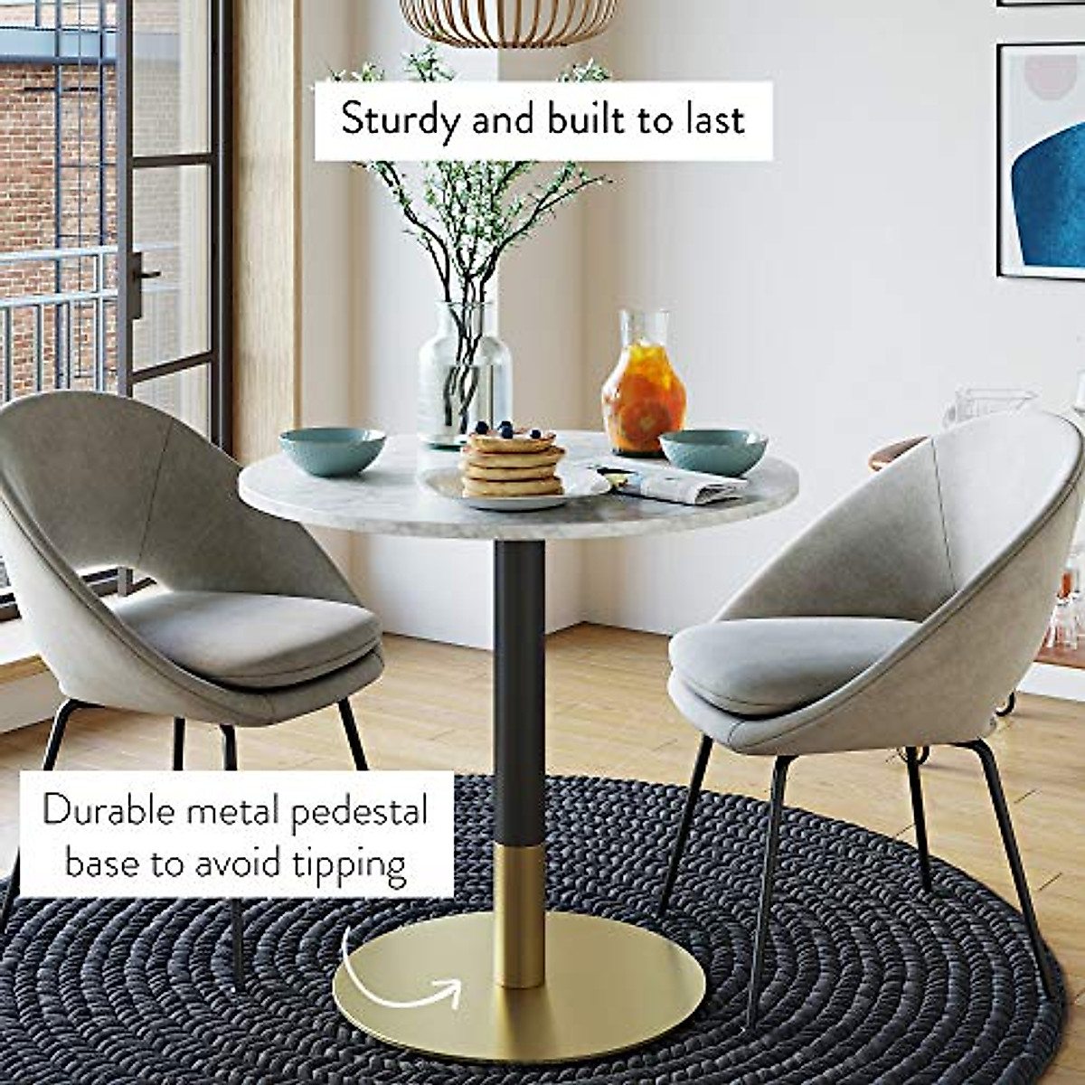 Nathan James Bistro Lucy Small Mid-Century Modern Kitchen or Dining Table with Faux Carrara Marble Top and Brushed Metal Pedestal Base, Black/Gold 31D x 31.5W x 29H in