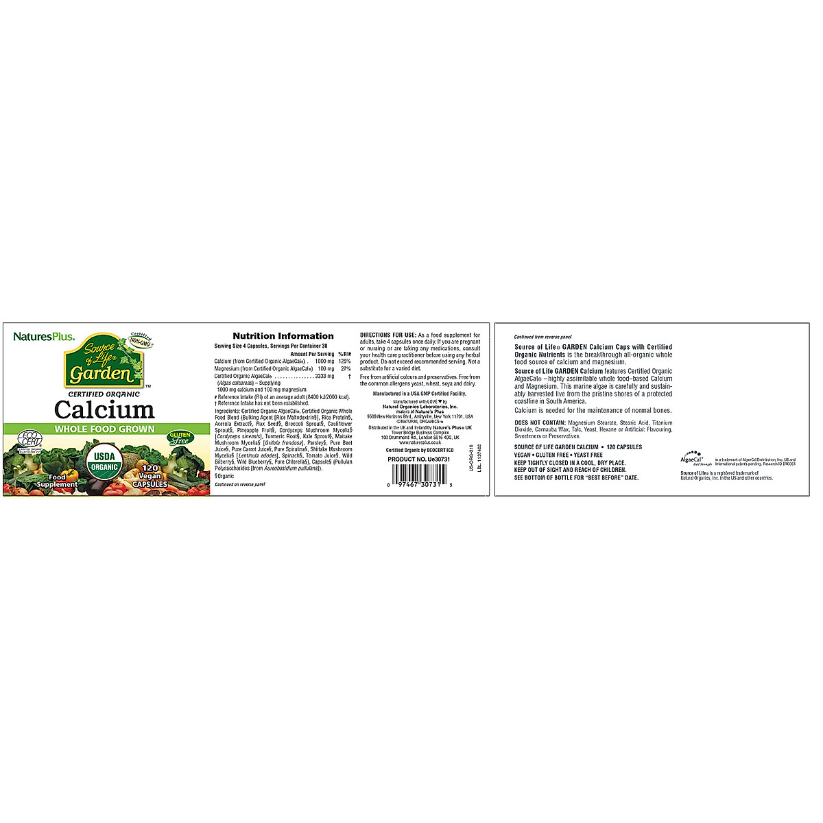 NaturesPlus Source of Life Garden Certified Organic Calcium with AlgaeCal - 1000 mg, 120 Vegan Capsules - Plant-Based Bone Health Support Supplement - Vegetarian, Gluten-Free - 30 Servings