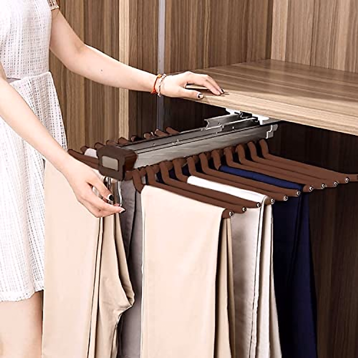 Nisorpa Pull Out Trousers Rack Double-Row 22 Arms Steel Pants Rack Closet Pull Out Pants Organizers Top Mounted Trousers Rack Space Saving for Cloakroom Wardrobe Bedroom, 23.4x18x5.7 Inch (Brown)