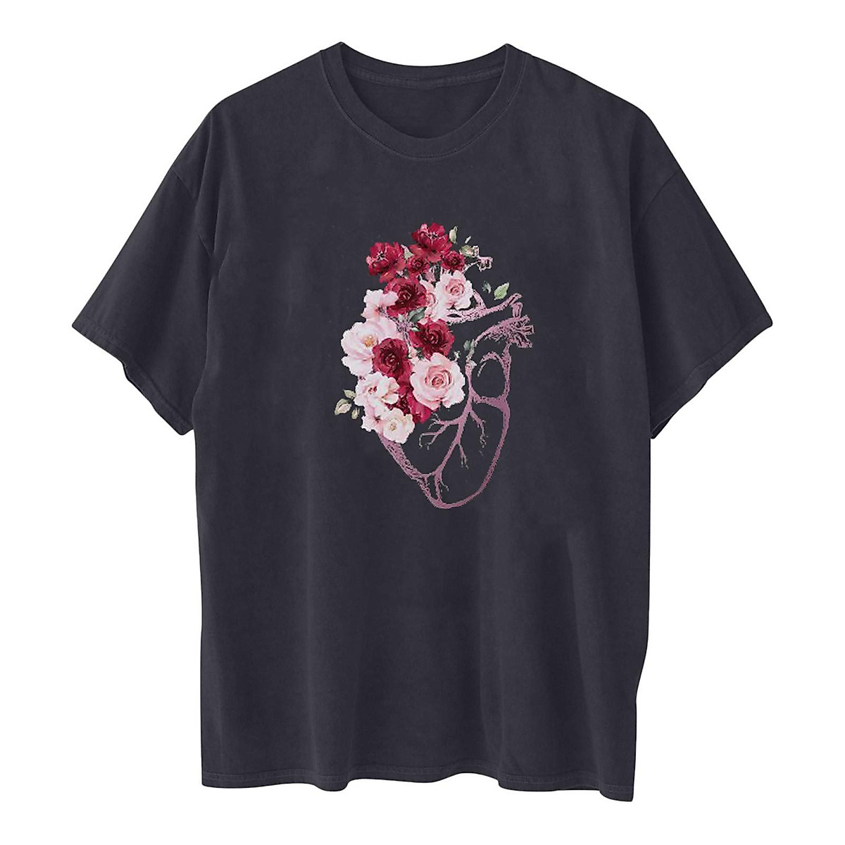 Retro Graphic Print Short-Sleeve Round Neck T-Shirt For Women Plus Size Drop Shoulder Tee Outdoor Hip-Hop Sports Tops (Dark Gray D, L)