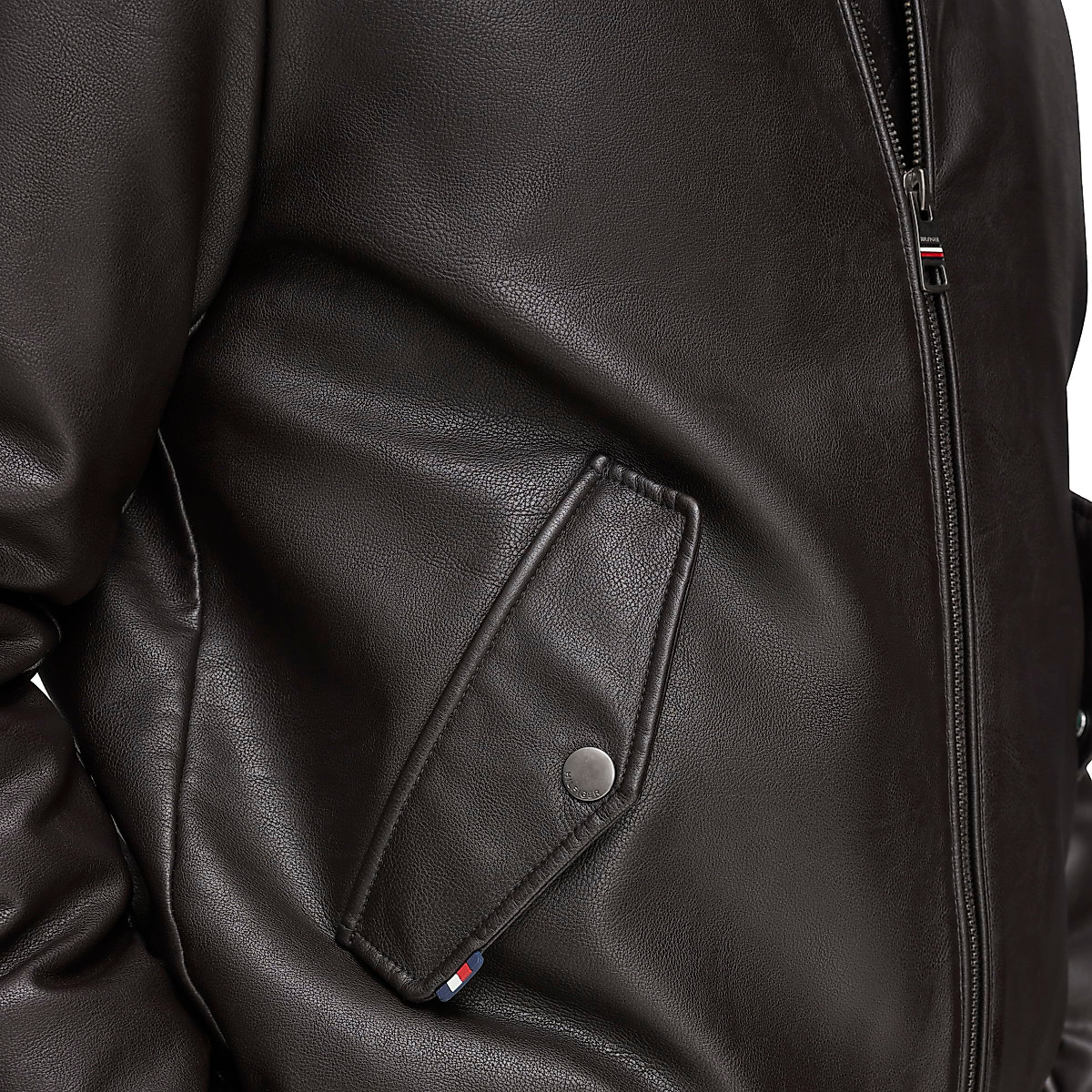 Tommy Hilfiger Men's Smooth Lamb Touch Faux Leather Unfilled Bomber, Dark Brown Laydown Collar, Large