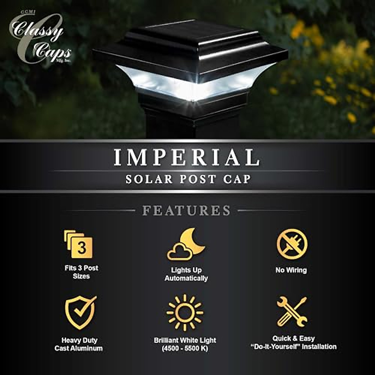 Classy Caps SL082B Imperial Outdoor Post Light- Fits 2" x 2", 2.25" x 2.25", 2.5" x 2.5" Posts, Black Powder Coated Aluminum