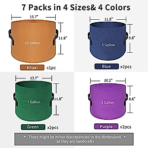 HAOWIN 7-Pack Colorful Plant Grow Bags, Thickest Fabric Pots 10 Gallon 7 Gallon 5 Gallon 3 Gallon Variety Size Pack, Plant Labels Included Potato Growing Bags