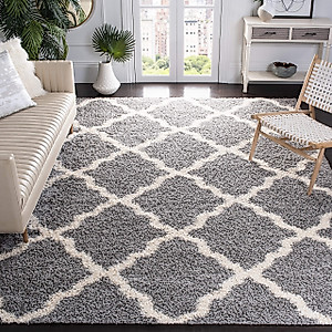 SAFAVIEH Dallas Shag Collection Area Rug - 8' x 10', Grey & Ivory, Trellis Design, Non-Shedding & Easy Care, 1.5-inch Thick Ideal for High Traffic Areas in Living Room, Bedroom (SGD257G)