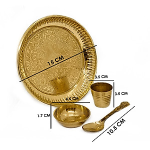 Satvik Brass 4 Pc Bhog Thali Set for Laddu Gopal with Glass, Bowl and Pooja Spoon for Home and Temple Kanha Ji Bhog Plate Set (Large)