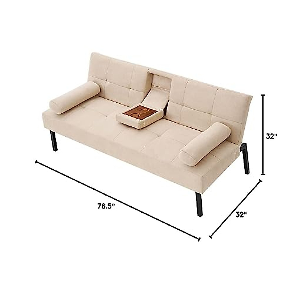 Panana Luckycloud Modern Couch Sofa 3-Seater Upholstered Fabric Sofa for Small Living Room, Dorm, Small Spaces (Beige Sofa Bed with Cup Holder)