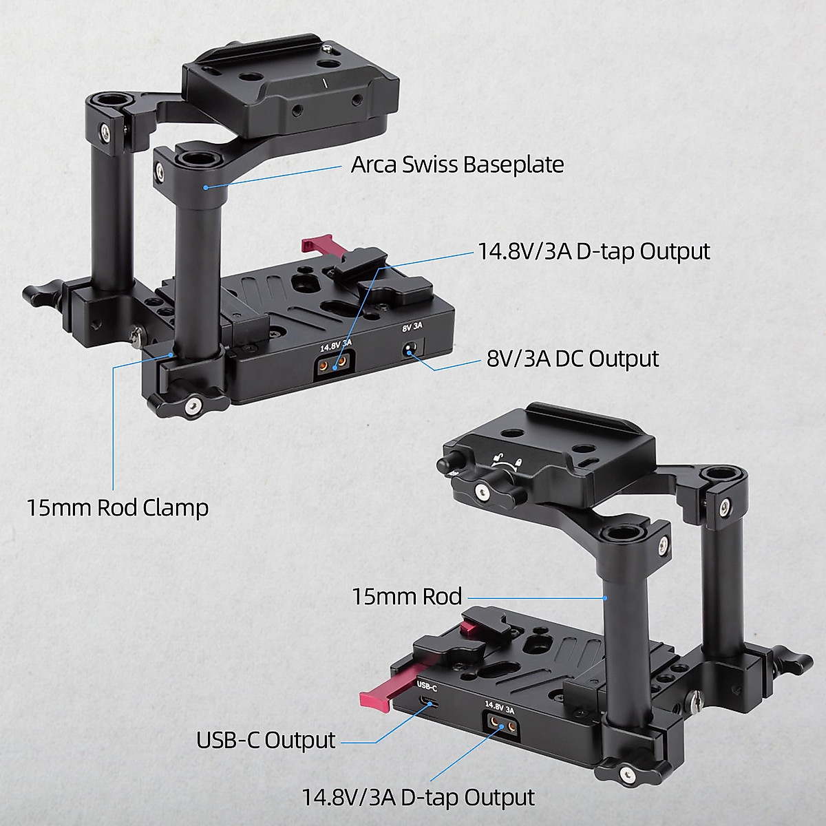 Nitze V Mount Baseplate with V Mount Battery Plate, 15mm Rod Clamp and Arca Swiss Baseplate (8V/3A DC, 14.8V/3A D-tap and PD 3.0 USB-C Output Ports) - N21-D7C