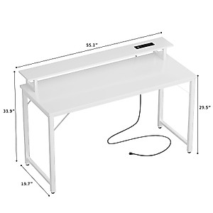 iSunirm 55 inch Computer Desk with Power Outlets, Office Desk Gaming Desk with LED Lights, Home Office Desk with Monitor Shelf, Modern Work Desk Study Writing Table for Bedroom, Pure White