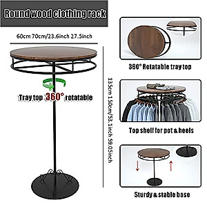 QQXX Round Clothing Rack,Walnut Wood Clothes Rack,Rotating Clothes Display Rack Circle,Clothing Garment Rack with Topper,freestanding Clothes Racks Coat Rack for Hanging Clothes Clothing Store Use