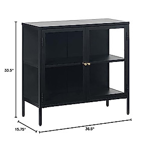 Modern Dover 2-Section Sideboard with Tempered Glass Doors, Steel Frame, Adjustable Height Feet, Freestanding for Home Office, Living Room, ‎Bathroom, Nursery, Bedroom, 15.75x36.5x33.5 in., Black/Gold
