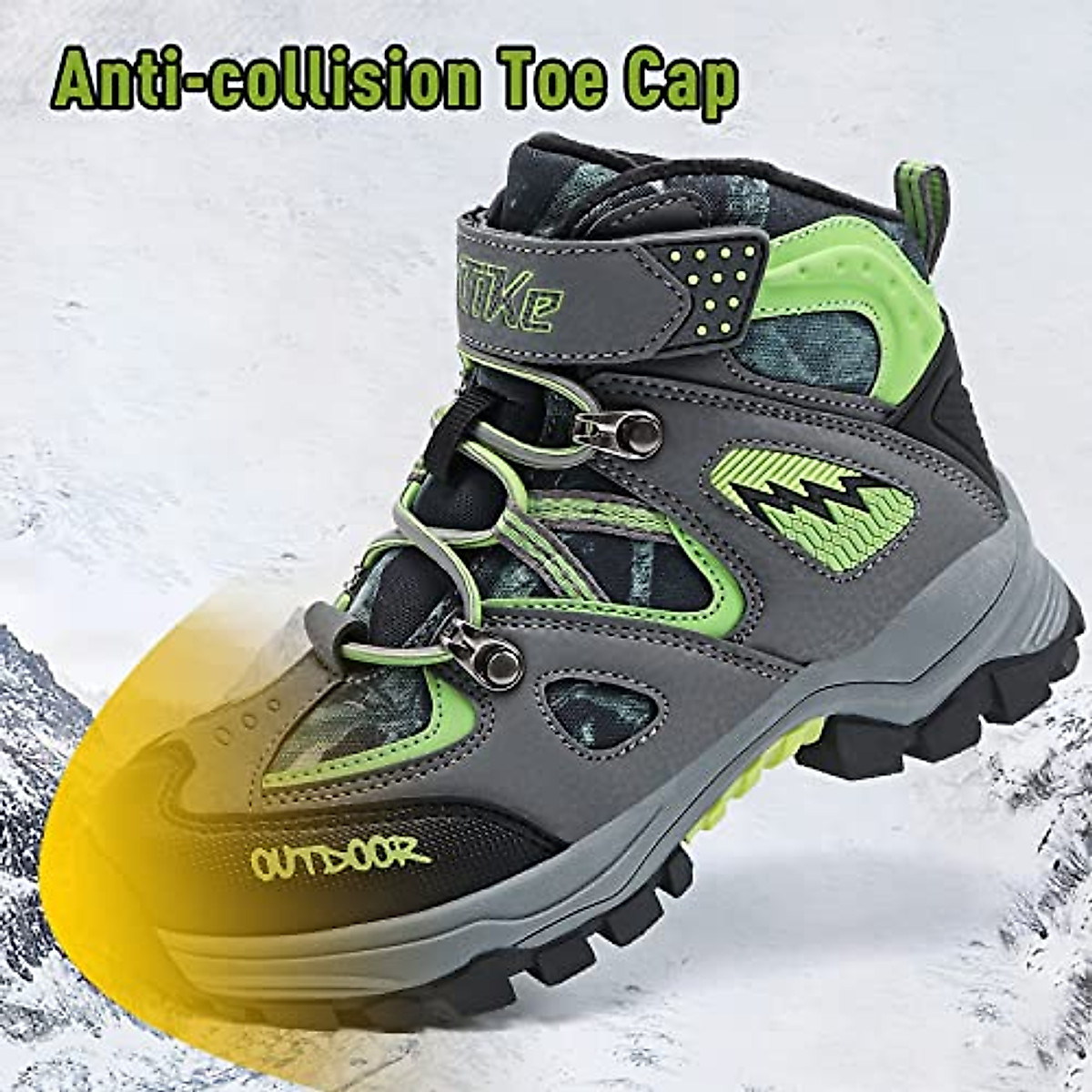 VITUOFLY Boys Hiking Boots Kids Warm Winter Snow Boots Girls Hiking Shoes Outdoor Adventure Trekking Shoes Anti-skid Sneakers Steel Buckle Grey Green Size 6.5