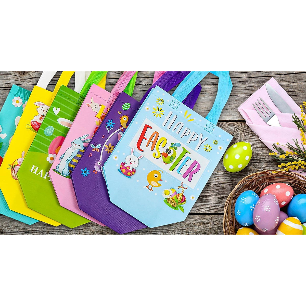 6Pcs Easter Non-woven Bags with Handle, Happy Easter Gift Bags for Kids, Treat Bags Rabbit Bunny, Reusable Easter Goodie Bags-Waterproof- for Gifts Wrapping, Egg Hunt Game, Easter Party Supplies