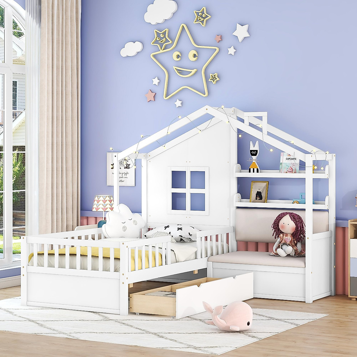 Twin Size House Bed Frame for Boys Girls Kids Adults Toddler with Sofa, Kids Platform Bed with Two Drawers and Storage Shelf, White