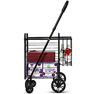 Byroce Utility Folding Shopping Cart, Light Weight Trolley with Handle, Large Grocery Utility Cart with Swiveling Wheels and Dual Storage Baskets, Ideal for Laundry Book Luggage Travel (Black)
