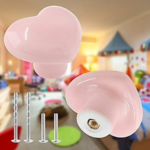 Qjaiune 2pcs Ceramic Cabinet Knobs Pink Drawer Knobs, Heart Shaped Dresser Knobs Cute Kitchen Cabinet Pull Handles, Small Vanity Knobs Hardware Closet Cupboard Knobs for Kids Girls Children's Bedroom