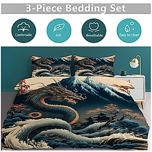 MSSHUKYTT Vintage Japanese Mount Fuji Duvet Cover Set 3 Piece Queen Size,Cool Dragon Nature Landscape Japan Great Wave Cabin Duvet Cover 2 Pillowcases(No Insert)