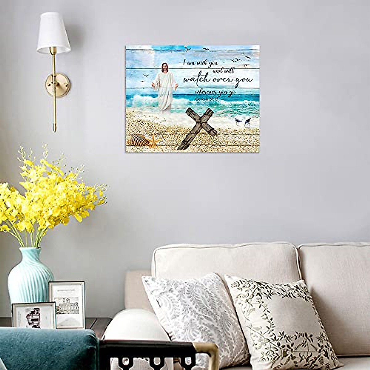 Christian Inspirational Decor Wall Art Jesus and Cross on Beach Picture Motivational Scripture Bible Verse Canvas Prints Teal and Blue Framed Artwork for Living Room Bedroom Bathroom Large 16"x12"