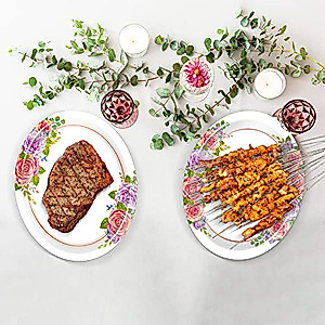 Qyeahkj 50 PCS Floral Oval Paper Plates Large 11” Disposable Pink Purple Flower Party Decorations Floral Supplies Favor for Spring Holiday Wedding Tea Party Tableware Set