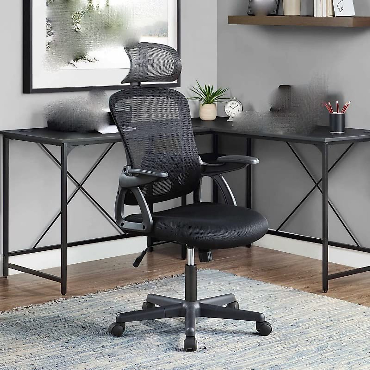 Mainstays Ergonomic Office Chair with Adjustable Headrest, Black Fabric, 275lb Capacity (D Light Grey)
