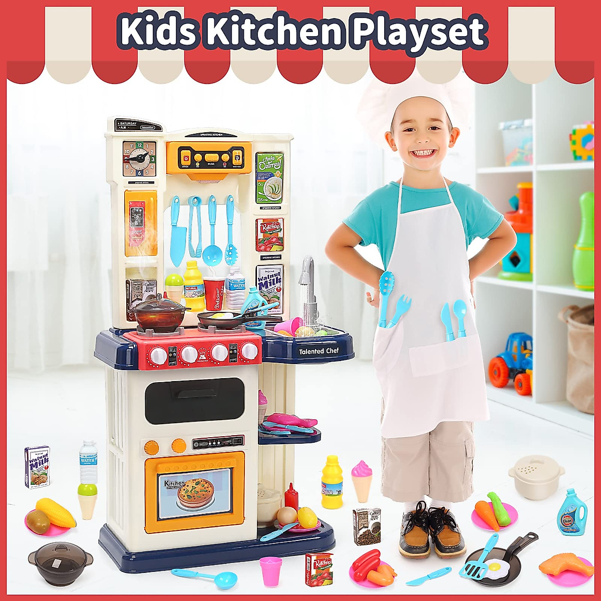 CUTE STONE Play Kitchen, Kids Kitchen Playset with Real Sounds & Lights, Pretend Play Food Toys, Play Sink, Cooking Stove with Steam, Toddler Kitchen Toy Gift for Boys and Girlis (Blue)