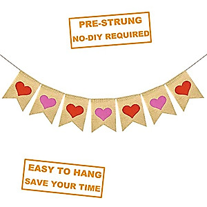 FAKTEEN Heart Banner Valentine's Day Decorations, Red Pink Hearts Garland Burlap Bunting for Wedding Bridal Shower Anniversary Party Décor