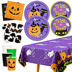 DECORLIFE 131 Pcs Halloween Party Supplies, Dinnerware Set Includes Halloween Plates and Napkins Tablecloth Cups DIY Stickers - Pumpkin Ghost Halloween Birthday Party Decorations for Kids, Serve 24