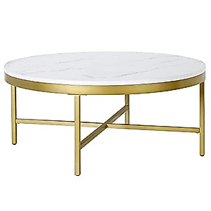 Henn&Hart 36" Wide Round Coffee Table with Faux Marble Top in Brass/Faux Marble, Modern coffee tables for living room, studio apartment essentials